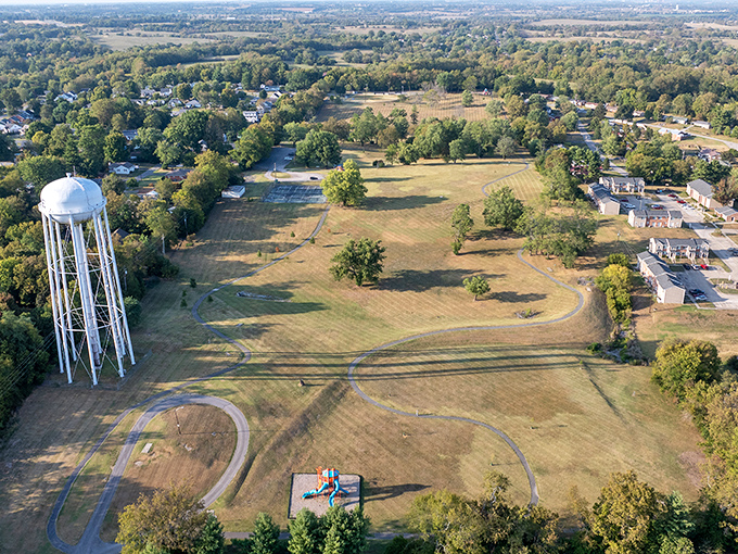 Aerial view of Danville reveals a community designed for connection. That water tower stands sentinel over generations of neighborhood stories.