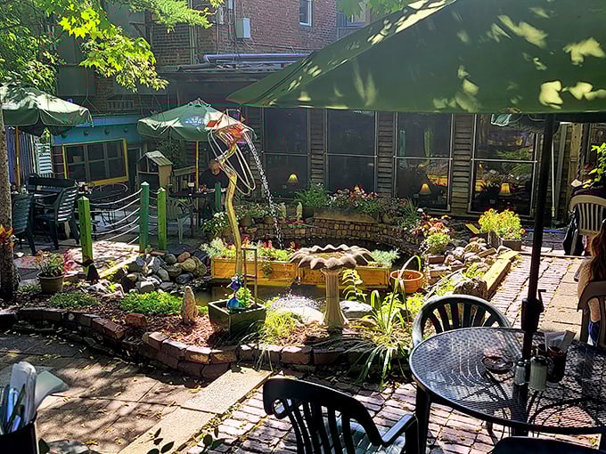 Day by Day garden patio: "Secret garden meets breakfast haven. Who knew eggs Benedict tastes even better surrounded by whimsical greenery?"
