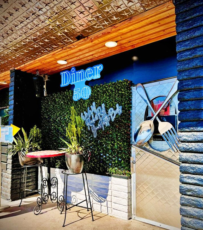 Urban cool meets breakfast perfection at Diner 50. The sleek entrance is just a preview of the flavor revolution happening inside.