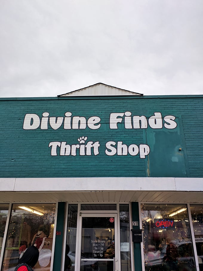 Even on cloudy days, Divine Finds' vibrant exterior stands out like a jewel. This boutique thrift shop curates secondhand gems that feel first-rate.