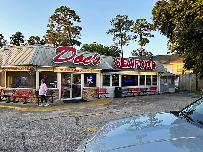 Doc's Seafood: Simple white building, legendary seafood inside &ndash; proof that the best restaurants don't need fancy architecture when they've got perfect hush puppies.