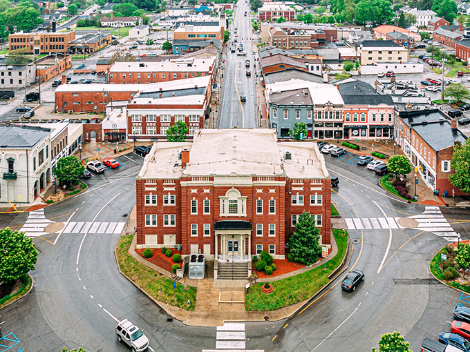 E-town's courthouse square radiates outward like the hub of a wheel, connecting the community in classic small-town fashion.