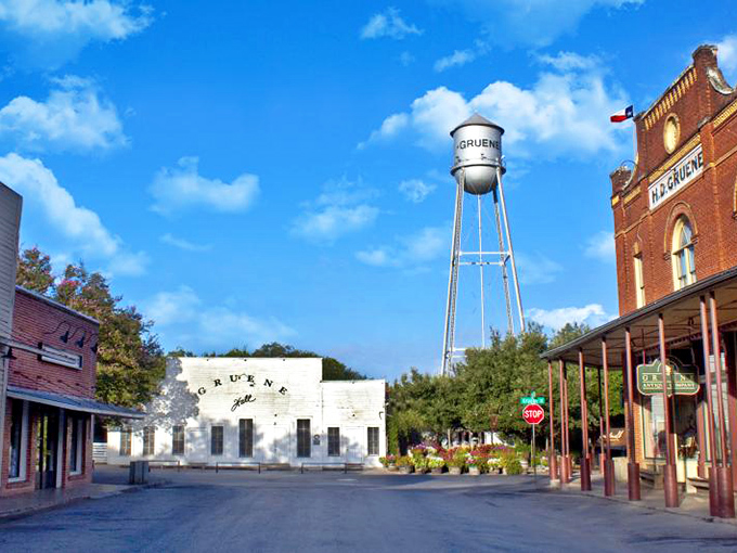 The red brick of H.D. Gruene&rsquo;s building tells stories of dance halls, honky-tonk nights, and small-town spirit.