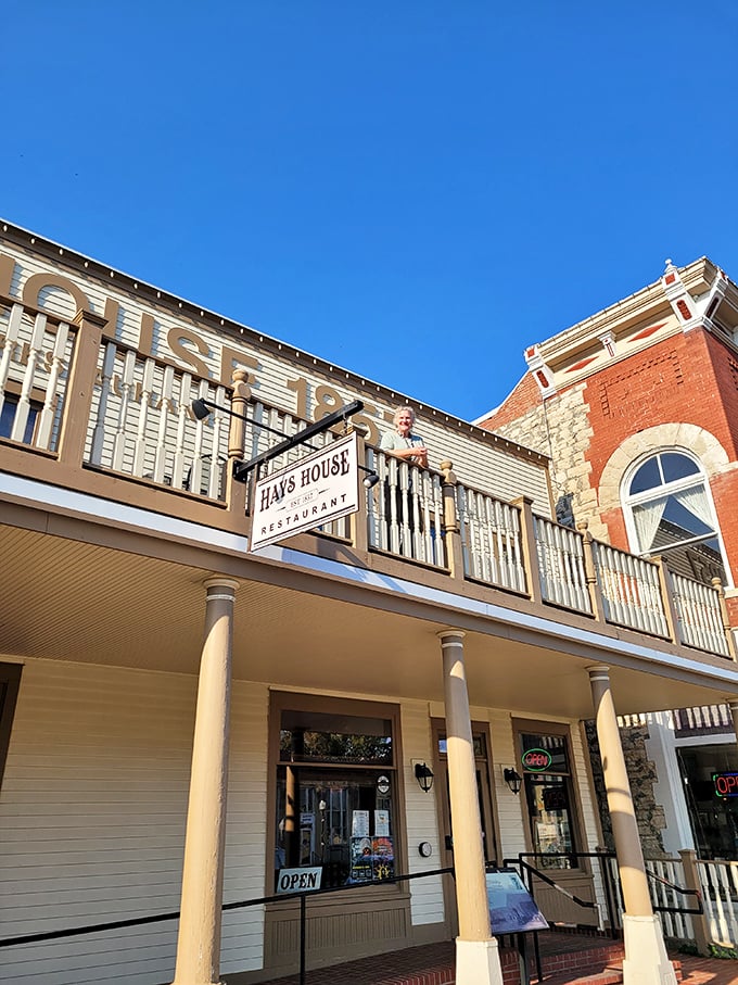That balcony has witnessed more than 160 years of satisfied sighs from well-fed travelers along the Santa Fe Trail.