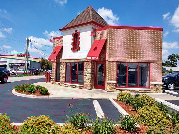 With its charming red awnings and stone facade, Jack Frost Donuts has clearly graduated from the Wes Anderson School of Bakery Design.