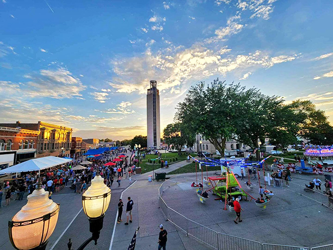 The bright blue sky creates a perfect backdrop for Jefferson's well-preserved downtown business district.