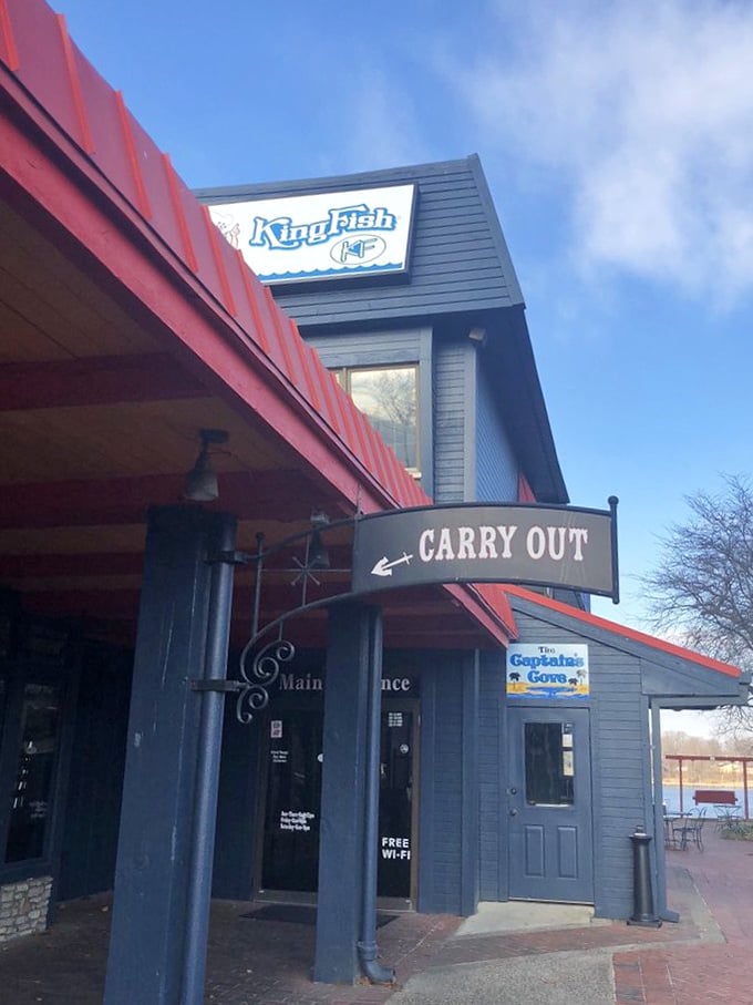 The blue umbrellas and outdoor seating at Kingfish hint at the laid-back experience waiting for hungry visitors.