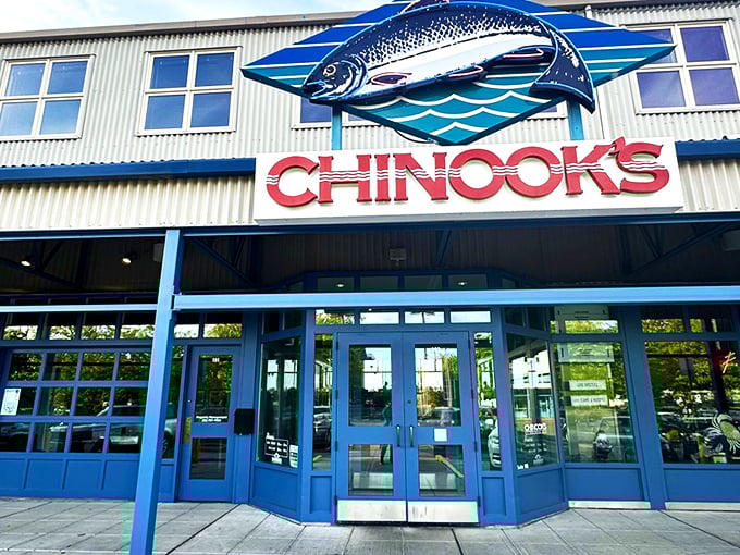 Blue trim and a giant salmon sign&mdash;Little Chinook's doesn't hide its seafood obsession. The warehouse holds fishy treasures!