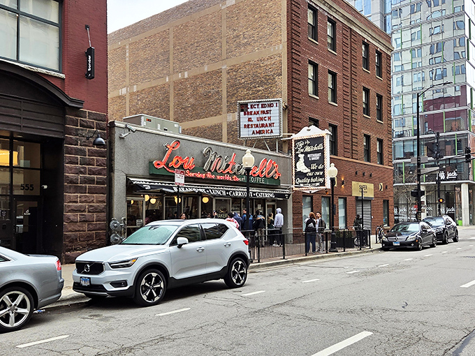 The historic Lou Mitchell's storefront—where your day starts with a friendly hello and ends with a satisfied sigh.