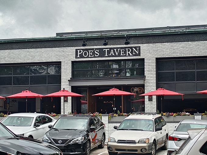 Red umbrellas stand sentinel at Poe's patio. Come for the literary theme, stay for burgers that are positively poetic.