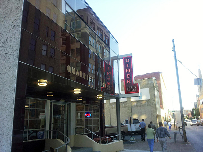 Quarrier Diner: The vertical "DINER" sign isn't just nostalgic&mdash;it's pointing skyward to where your taste buds will travel after the first bite.