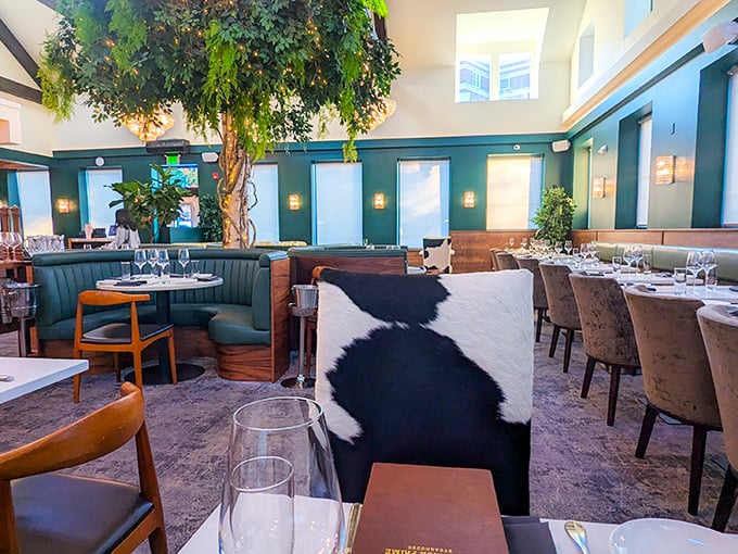 The interior at Saltbrick is as impressive as their steaks &ndash; that tree centerpiece creates dining-room drama worth the visit.