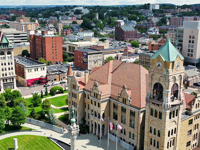 The gorgeous clock tower of Lackawanna County Courthouse stands sentinel over Scranton, where housing costs remain refreshingly below the national average.