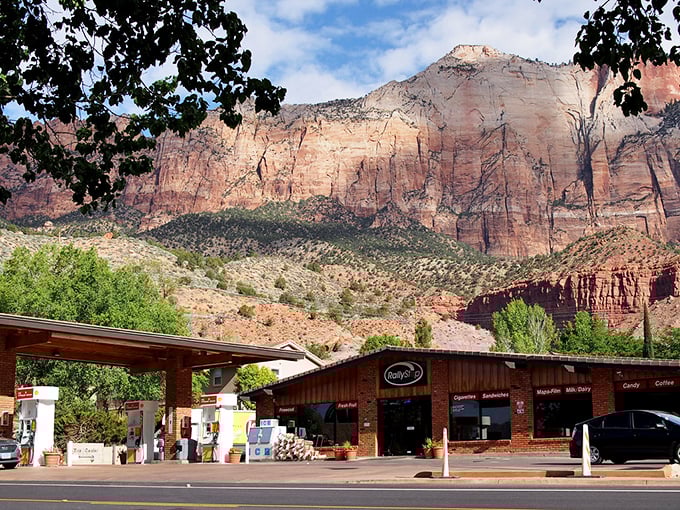 The gas station in Springdale might be the most scenic fill-up you'll ever experience. Who needs travel magazines when your errands look like this?