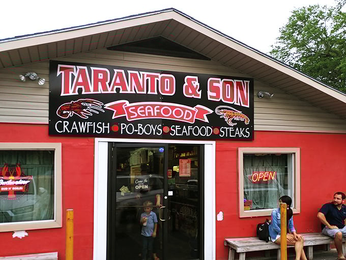 The no-nonsense signage at Taranto's tells you exactly what you're getting: crawfish, po-boys, and seafood that doesn't need fancy marketing.