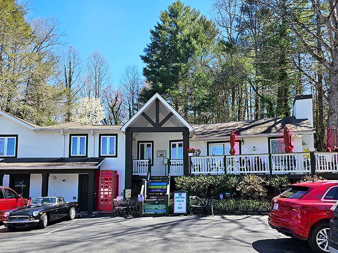 The red phone booth signals you've found British charm in the heart of North Carolina. Earl Grey and English vibes await inside.