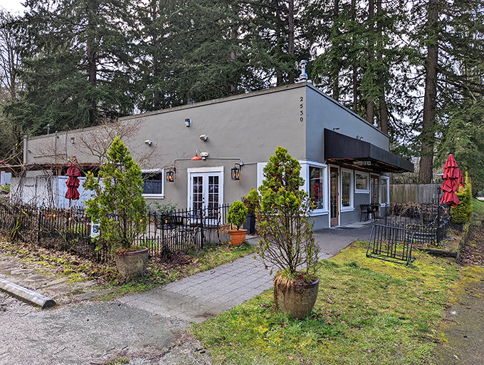 The Fork at Agate Bay (Bellingham): Red umbrellas stand ready for fair-weather dining, but the real forecast inside is always "chance of exceptional steak."