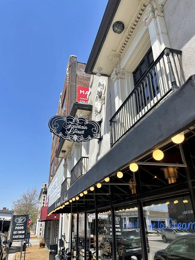 String lights twinkle along The Fountain's storefront, beckoning ice cream lovers into a 1930s dreamscape of hand-painted murals and soda fountain magic.