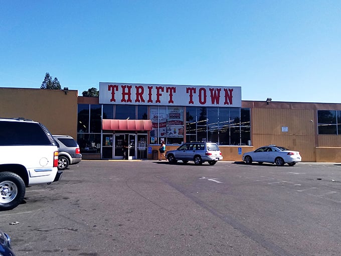 Like a time capsule with bargain prices, Thrift Town's retro storefront promises adventures in affordable nostalgia.