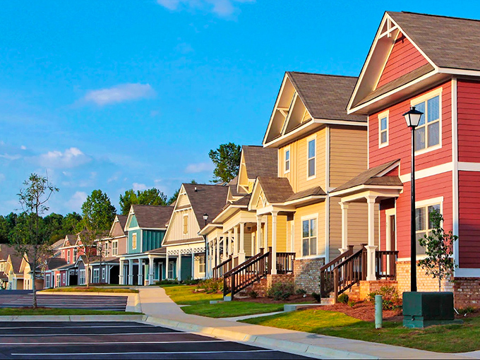 A colorful row of homes in Tuscaloosa shows why this affordable city attracts both students and retirees seeking Southern comfort.