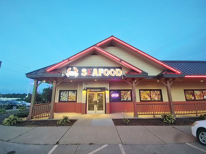 Morning light can't dim this seafood beacon's promise - inside those doors, bibs are mandatory and finger-licking is encouraged.