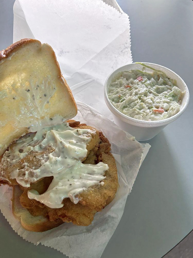 Tartar sauce cascading down crispy fish like a creamy waterfall, with coleslaw standing by as the perfect wingman.