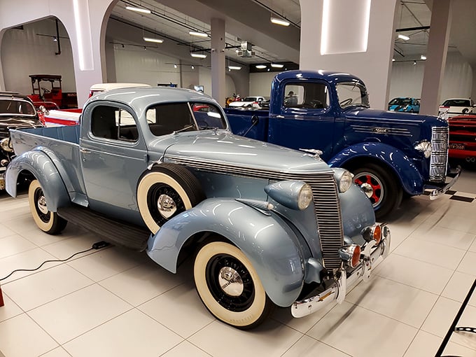 Two classic pickups showing that utility vehicles were never just workhorses &ndash; they were rolling sculptures with whitewalls and chrome that happened to haul stuff.