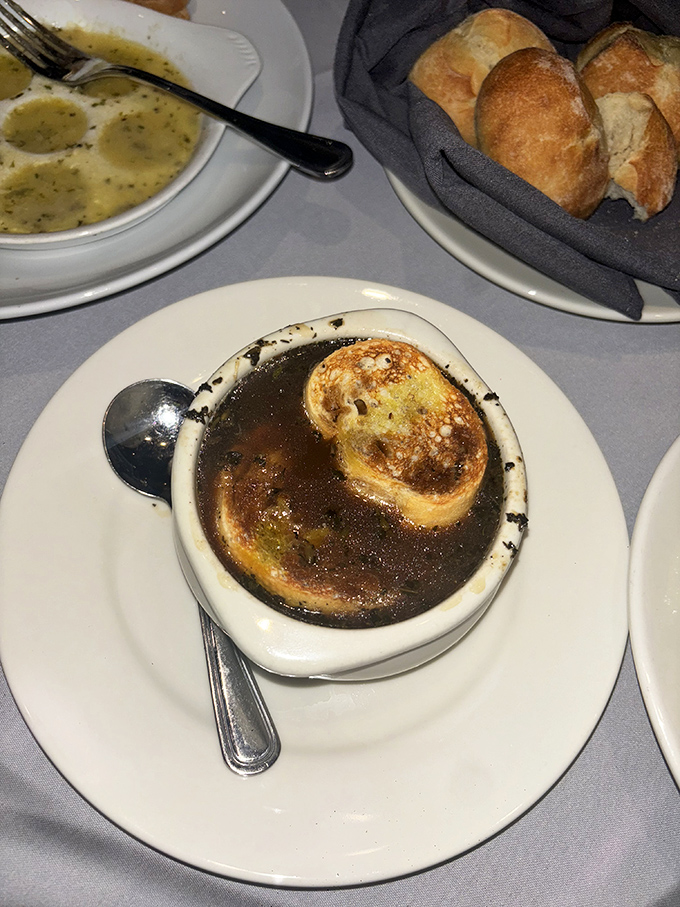 Breaking through the golden cheese canopy reveals a rich broth below&mdash;archaeology has never been this delicious or satisfying.