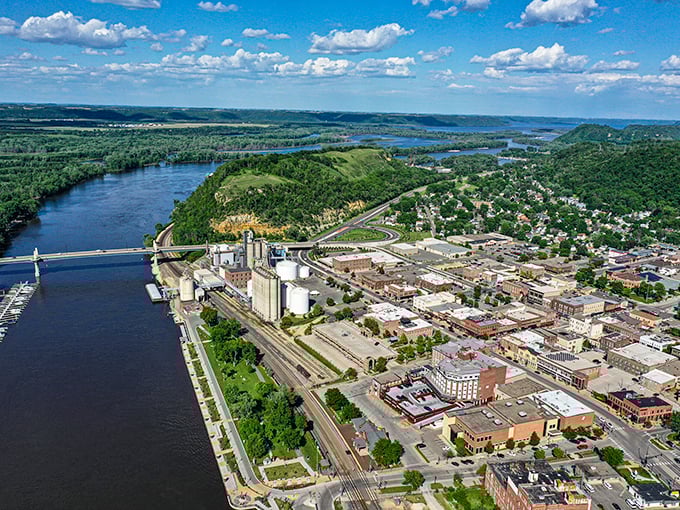 From above, Red Wing reveals its genius—nestled between bluffs and river, it's like someone designed the perfect retirement spot with nature as the architect.