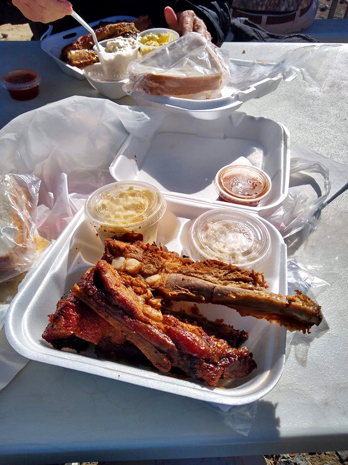 Lunch of champions: Ribs with the perfect smoke ring, sides in their proper supporting roles, and sauce that deserves its own area code.