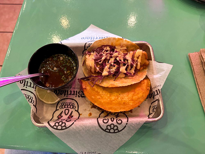 This golden-fried taco comes with its own dipping consomé—like a swimming pool of flavor that your taco is just dying to jump into.