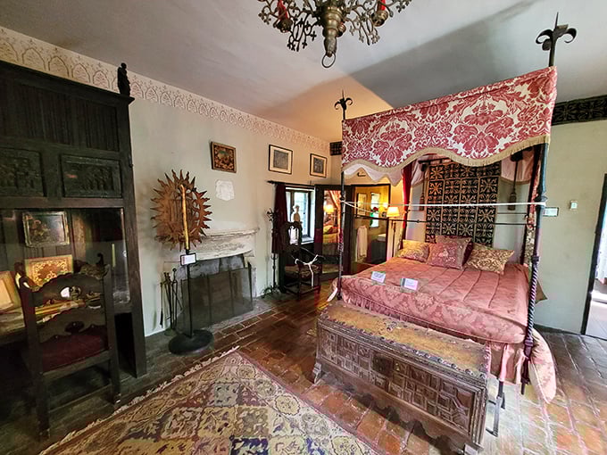 A medieval bedchamber fit for royalty, complete with canopy bed and fireplace. Suddenly your king-sized mattress at home seems decidedly peasant-like.