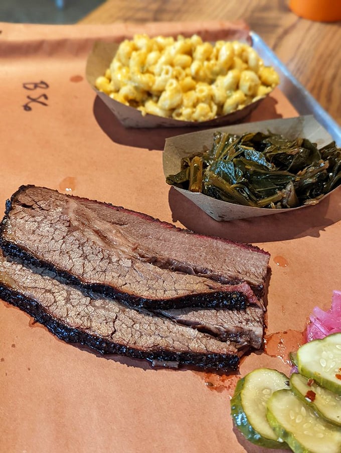 Texas-style brisket with the perfect accompaniments&mdash;mac & cheese that gleams like gold and collard greens cooked to Southern perfection.