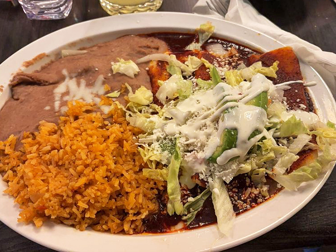 Mole sauce so rich it should have its own investment portfolio, draping over these enchiladas like a velvet blanket.