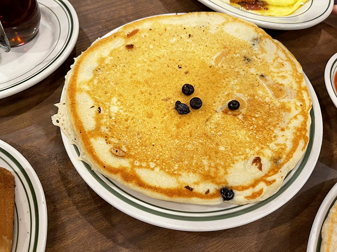 This blueberry pancake is playing a delicious game of hide-and-seek with its berries. The golden-brown edges are where the magic happens.