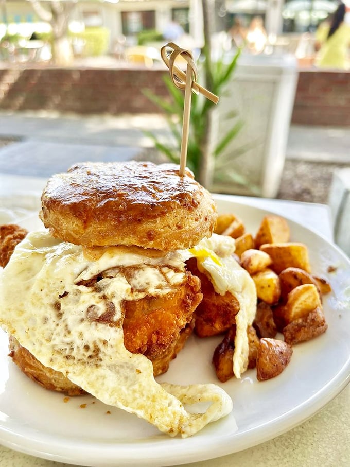Architecture matters, especially in breakfast sandwiches. This towering creation with its golden biscuit and cascading egg deserves its own blueprint.
