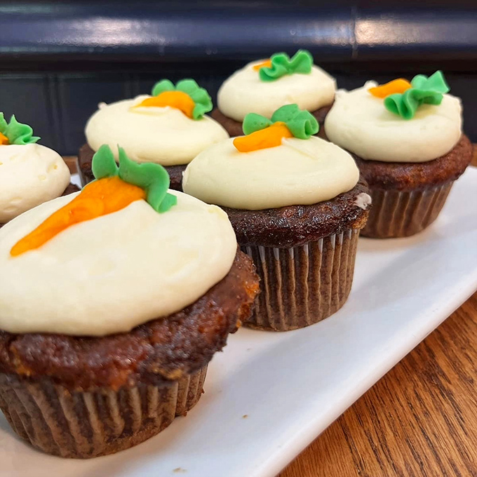 These carrot cake cupcakes with their signature cream cheese frosting and tiny decorative carrots prove that perfection comes in small packages.