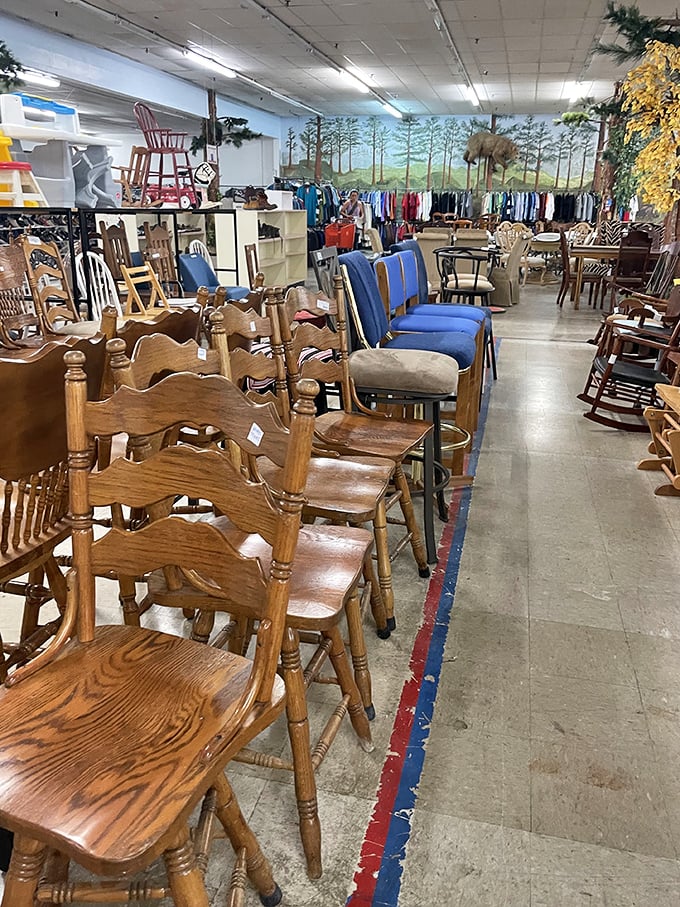 The wooden chair brigade stands at attention, each with character and stories to tell. Mid-century meets farmhouse meets "grandma's dining room" in this eclectic lineup.