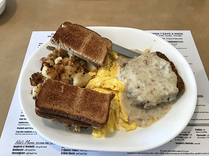This breakfast of champions features eggs, toast, and that legendary chicken fried steak. The gravy alone deserves its own zip code.