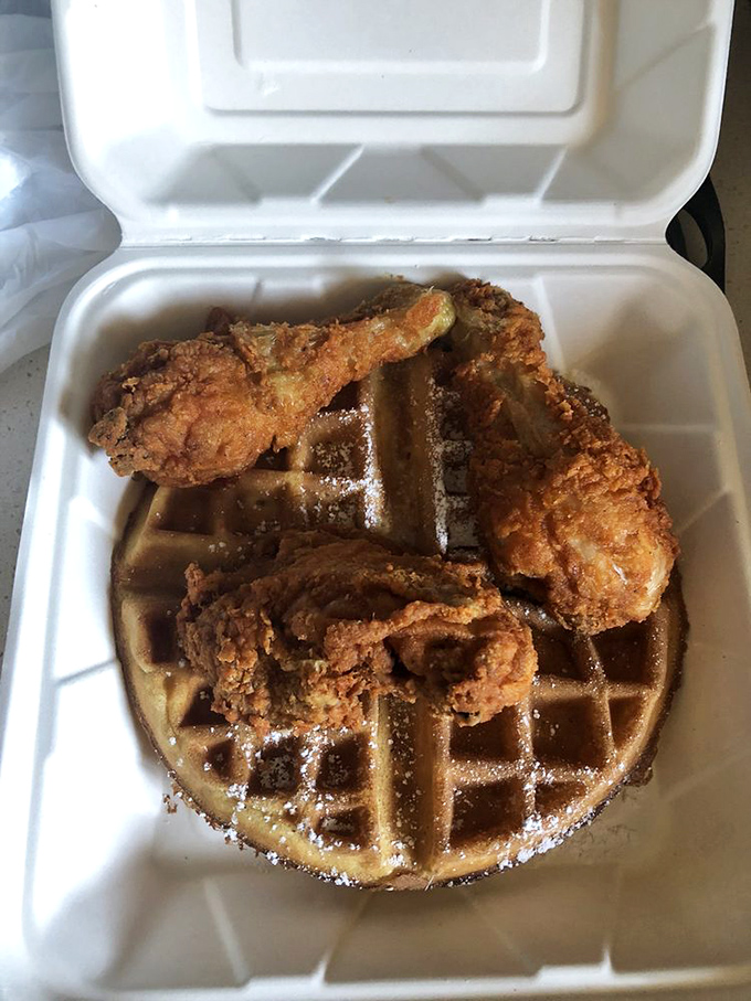 The holy matrimony of crispy and fluffy. This chicken and waffle combo in its foam throne is worth every napkin you'll need.