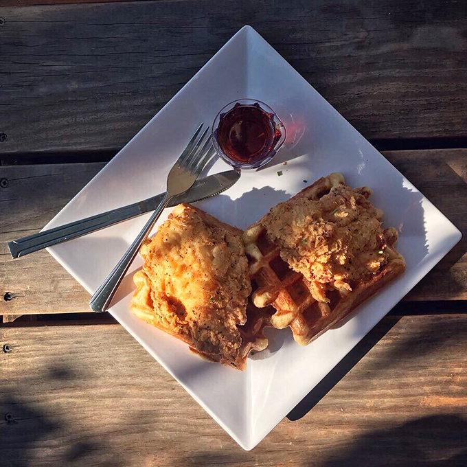 Sunshine streaming onto this chicken and waffle plate creates a halo effect&mdash;proof that some food really is heaven-sent.