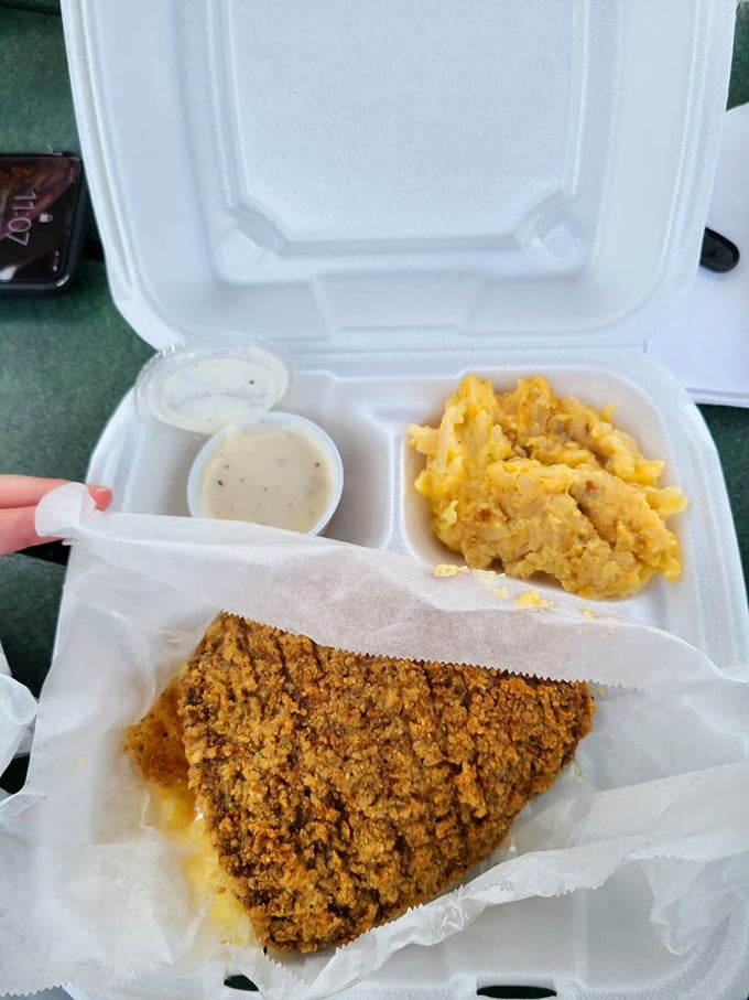 Country fried steak that could make a vegetarian weep, alongside hashbrown casserole that deserves its own fan club.