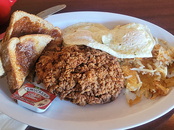 Breakfast perfection doesn't need fancy plating&mdash;just a golden-brown country fried steak, eggs, and hash browns that make Monday mornings bearable again.
