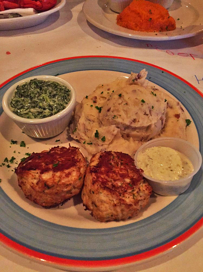Golden-brown crab cakes that are more crab than cake, paired with cloud-like mashed potatoes. Comfort food that's had a promotion.