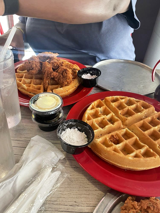Two worlds collide in delicious harmony: crispy chicken wings meet fluffy waffles. The battle for which to eat first begins now!
