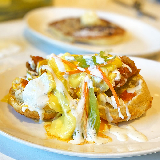 The Denver Hot Chicken Benedict brings the heat and the sweet with a colorful presentation that's almost too pretty to eat. Almost.