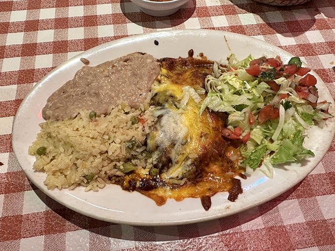 This isn't just a plate, it's a complete Mexican vacation. Rice, beans, enchiladas, and fresh pico create a harmony that would make a mariachi band jealous.