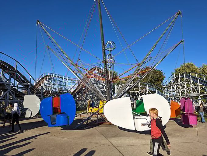 The Flying Scooters &ndash; where riders become pilots, controlling their own flight path with those metal fins. Retro thrills that still deliver genuine squeals of delight.