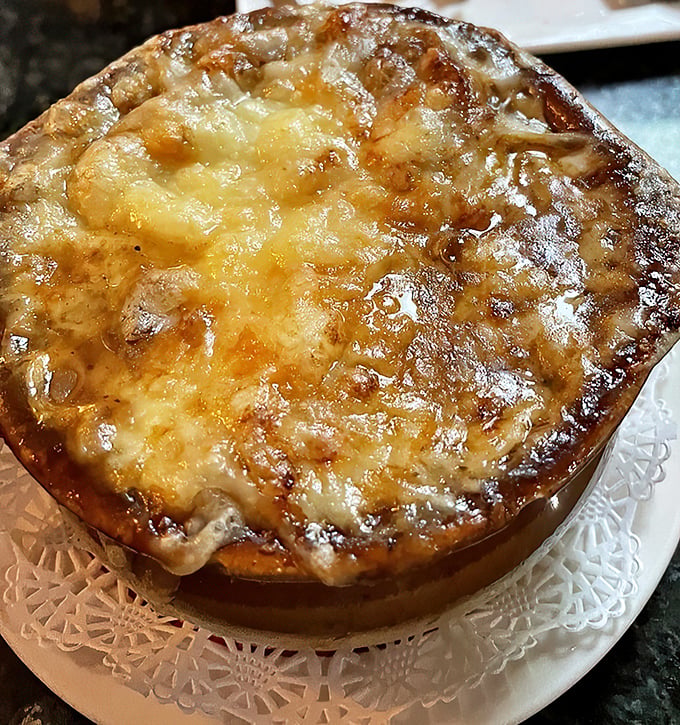 That moment when the cheese pull from your French onion soup could win Olympic gold. Stretchy, gooey perfection in a crock.