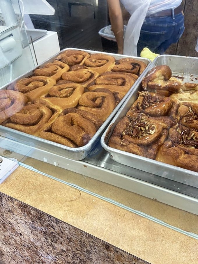 Fresh from the oven, these golden-brown beauties await their frosting baptism. The pecan sticky buns are plotting a delicious coup.